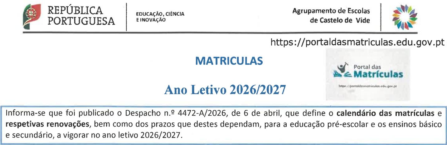 Matrículas 2026-2027 - Agrupamento de Escolas de Castelo de Vide